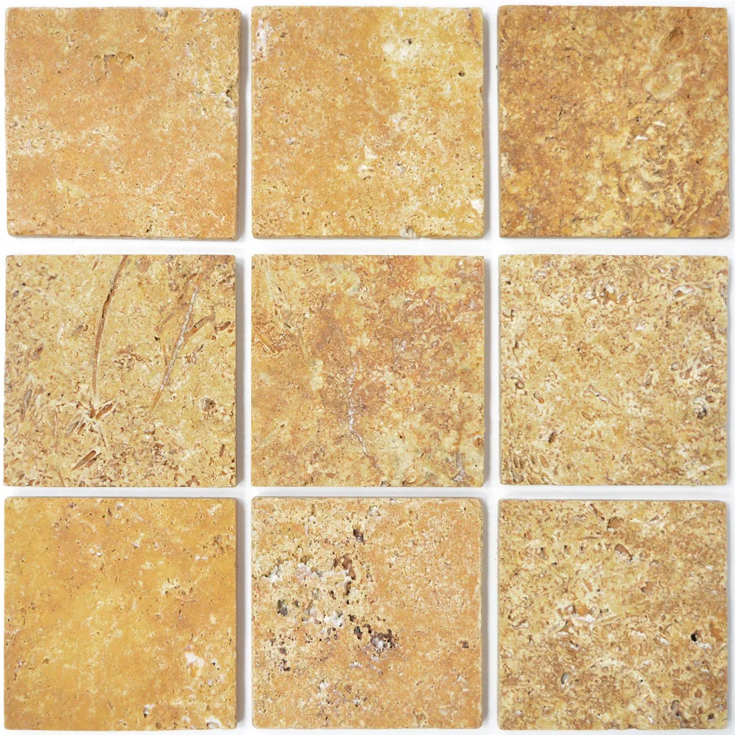 Muster Natursteinfliesen Travertin Castello Gold 10x10cm